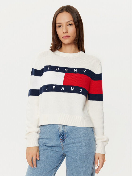 Tommy Jeans Pullover Center Flag DW0DW19335 Ecru Regular Fit Modivo