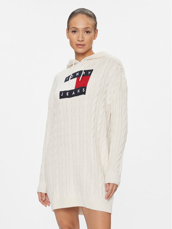 Tommy Jeans Trikotāžas kleita Cable Flag DW0DW16486 Balts Regular Fit ...